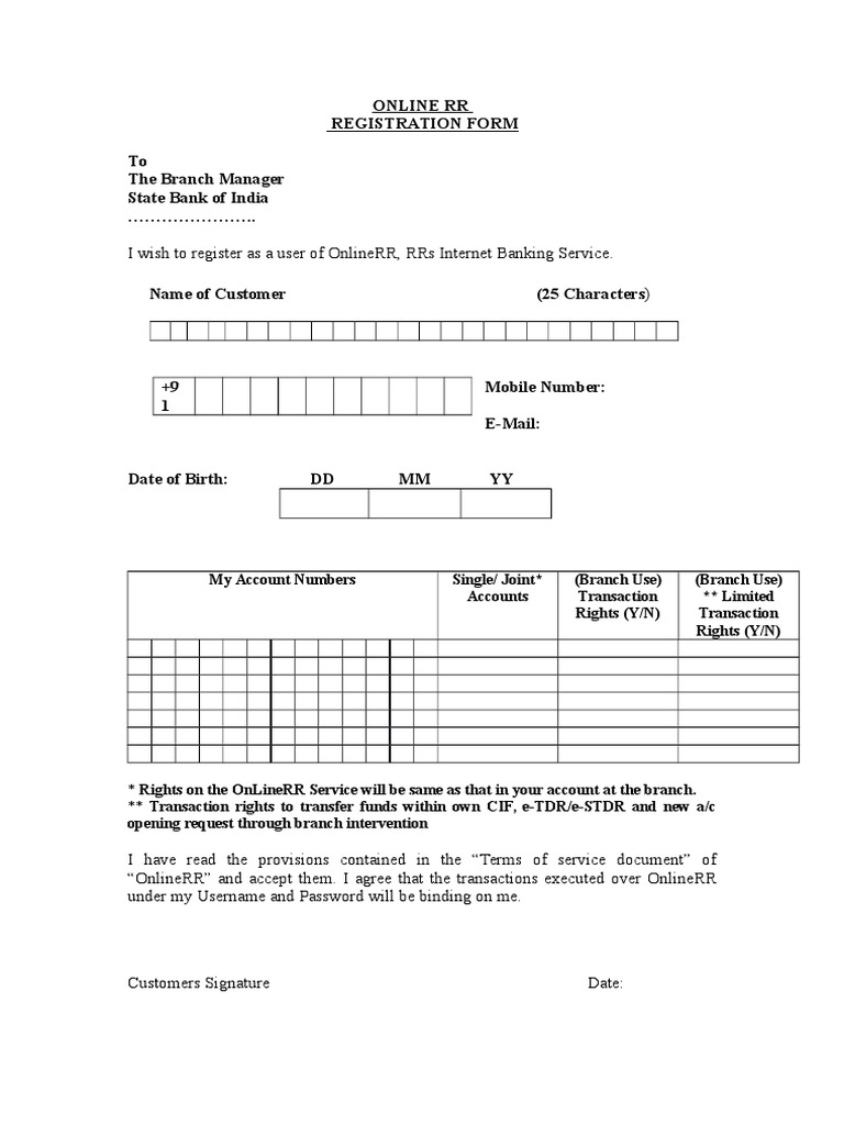 Online RR Registration Form To The Branch Manager State Bank of India ...