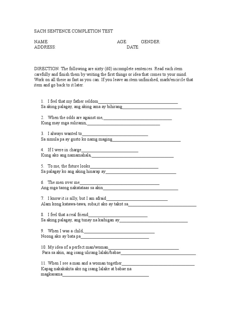 Sack Sentence Completion Test | PDF