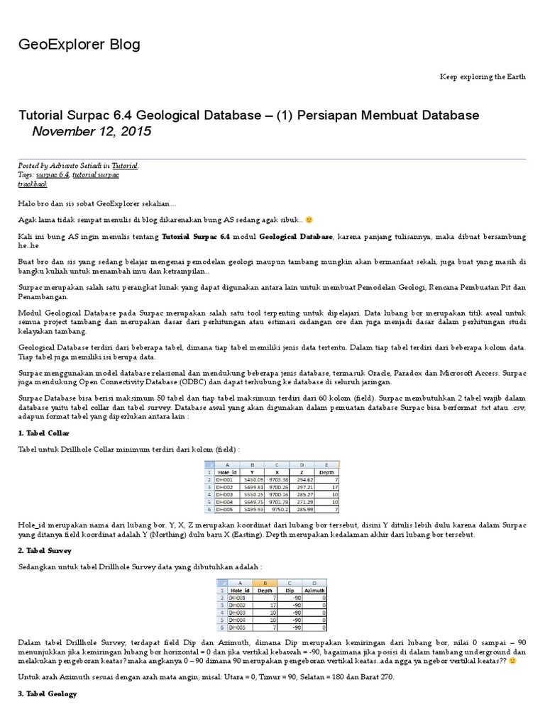 Tutorial Surpac 6.4 Geological Database - (1) Persiapan Membuat Database | PDF