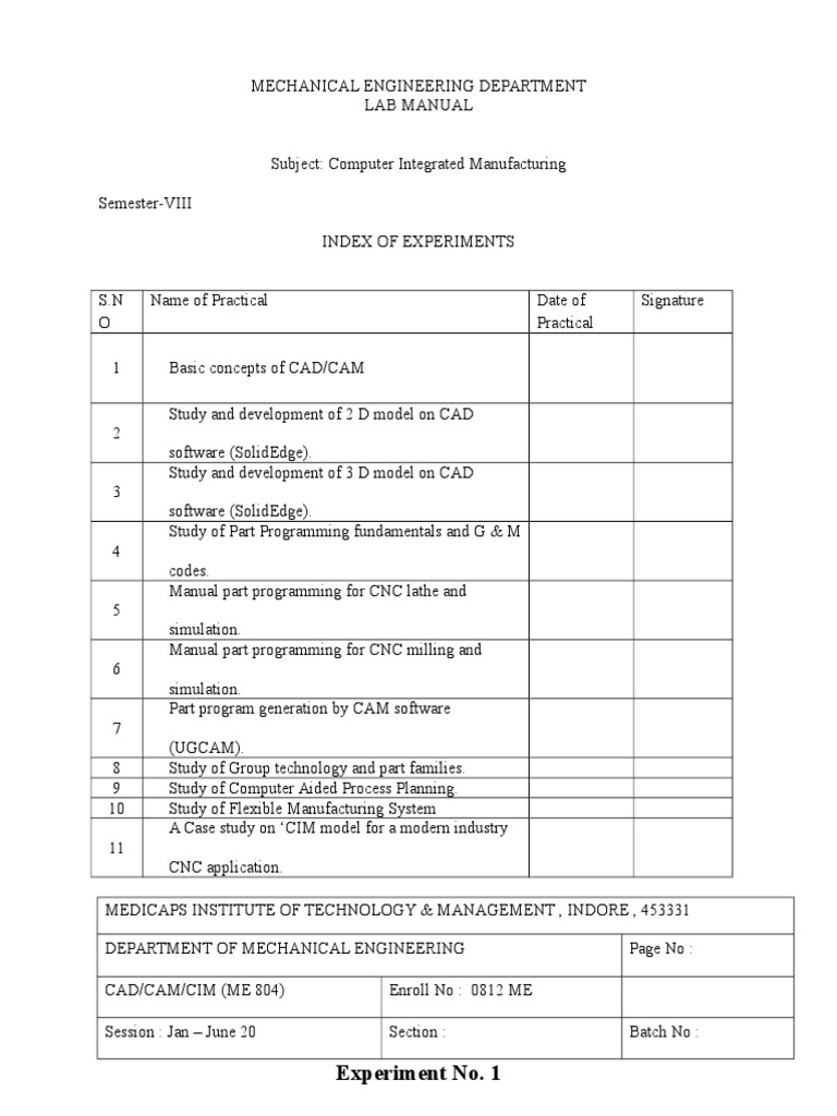Cad-Cam-Cim Lab Manual Me804 | PDF | Computer Aided Design | Numerical Control
