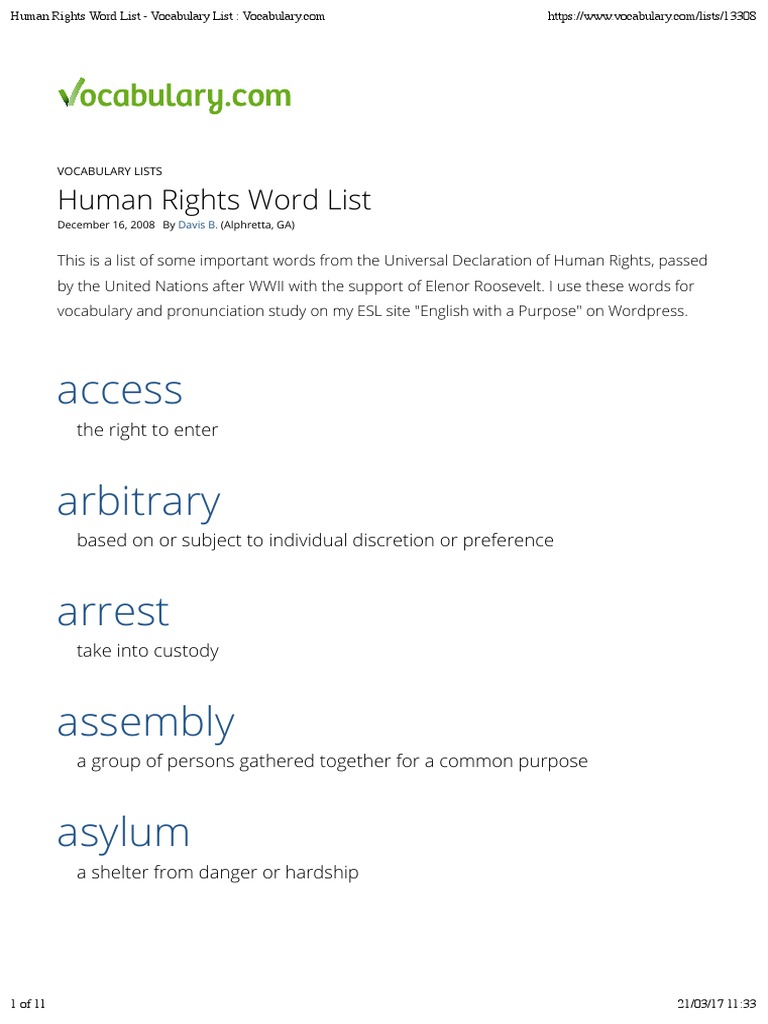 Human Rights Word List - Vocabulary List : Vocabulary.com.pdf | Human ...