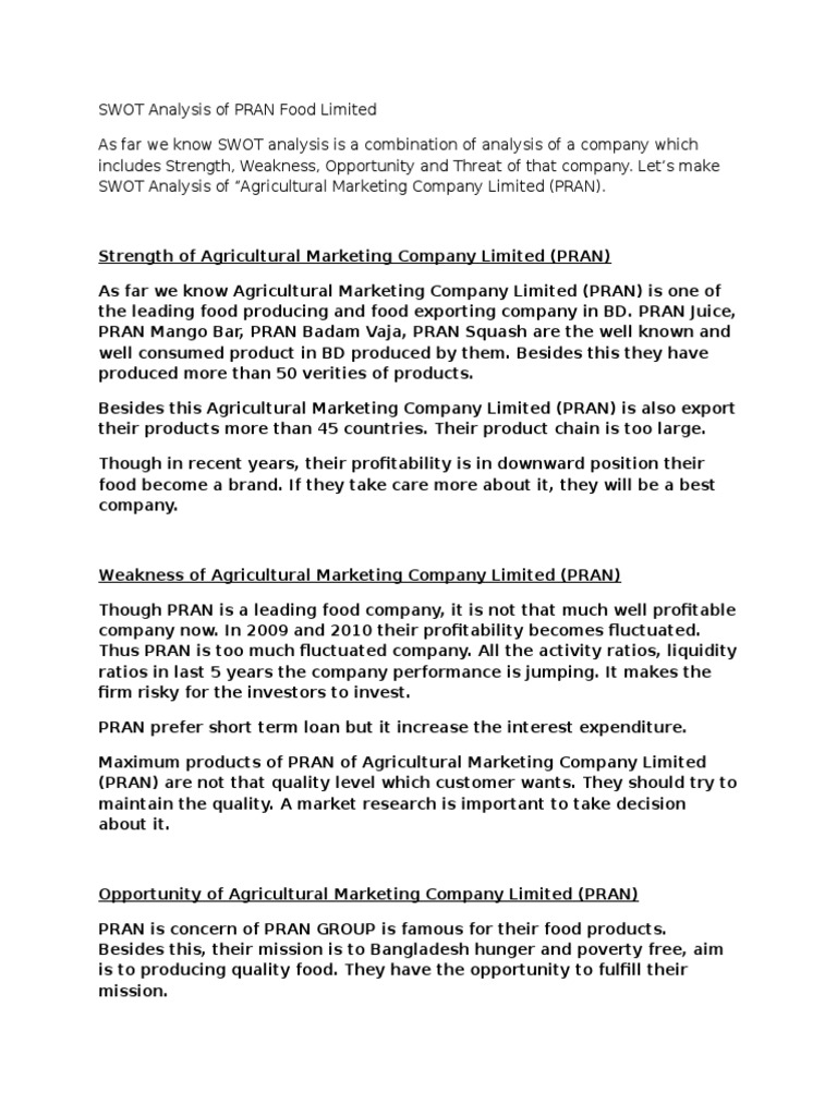 SWOT Analysis of PRAN Food Limited | PDF | Swot Analysis | Foods