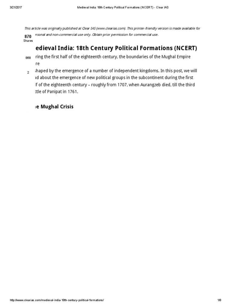 Medieval India - 18th Century Political Formations (NCERT | PDF ...
