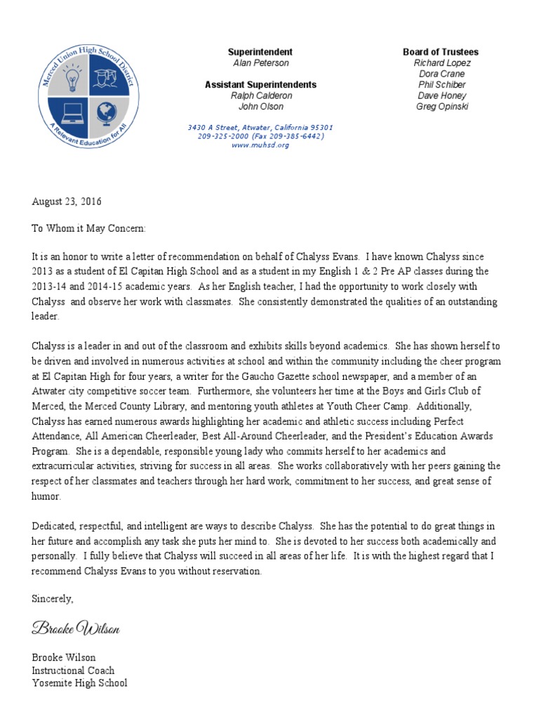 Letterofrec Chalyssevans | PDF | Cheerleading | Teaching