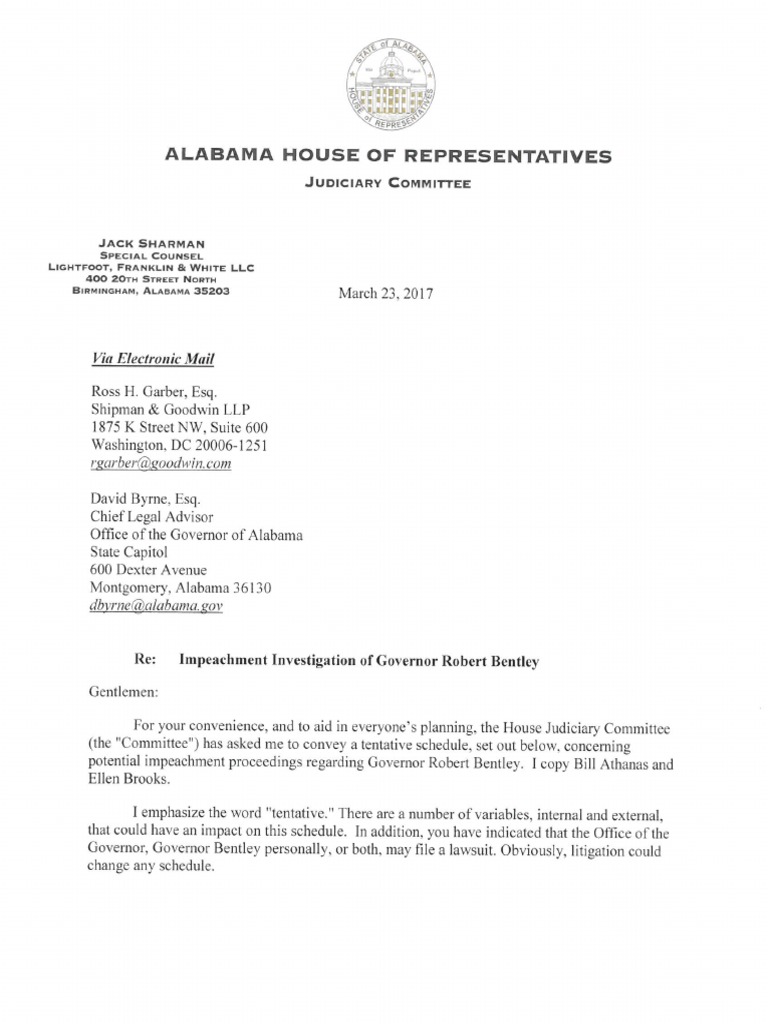 Jack Sharman Letter On Impeachment Timeline | PDF