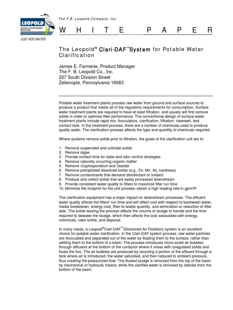 Clari-Daf Systems For Portable Water Clarification | PDF | Sewage ...