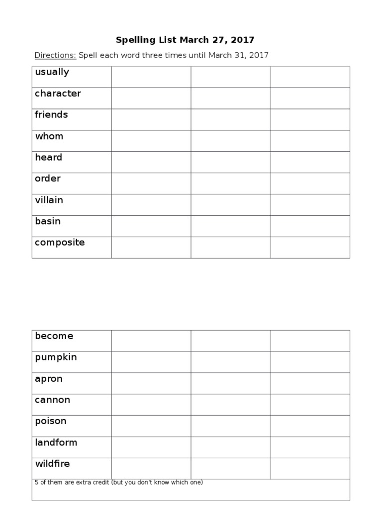 March 2017 Spelling List | PDF