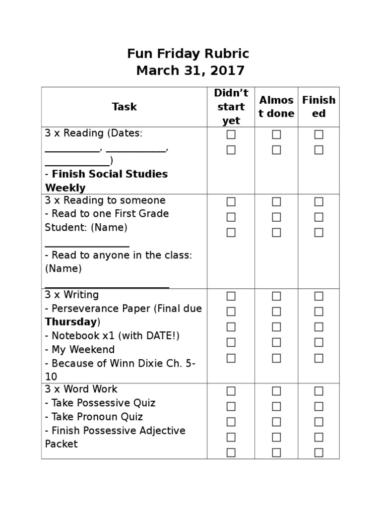 Fun Friday Rubric 033117 | PDF