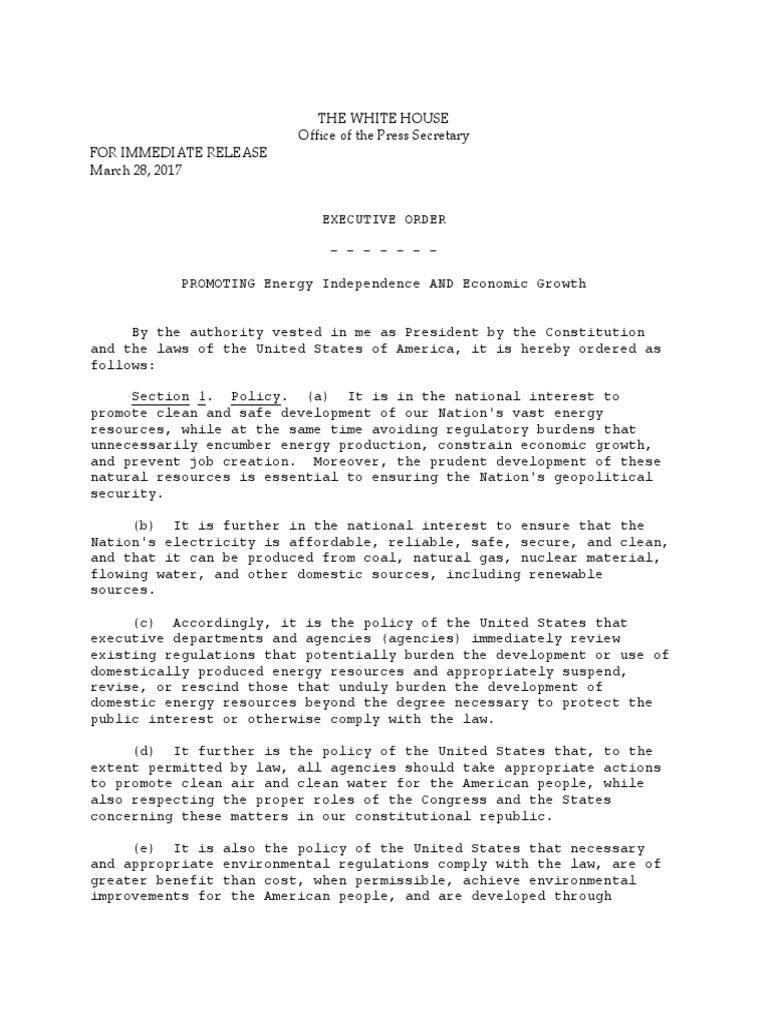 Presidential Executive Order On Promoting Energy Independence and ...