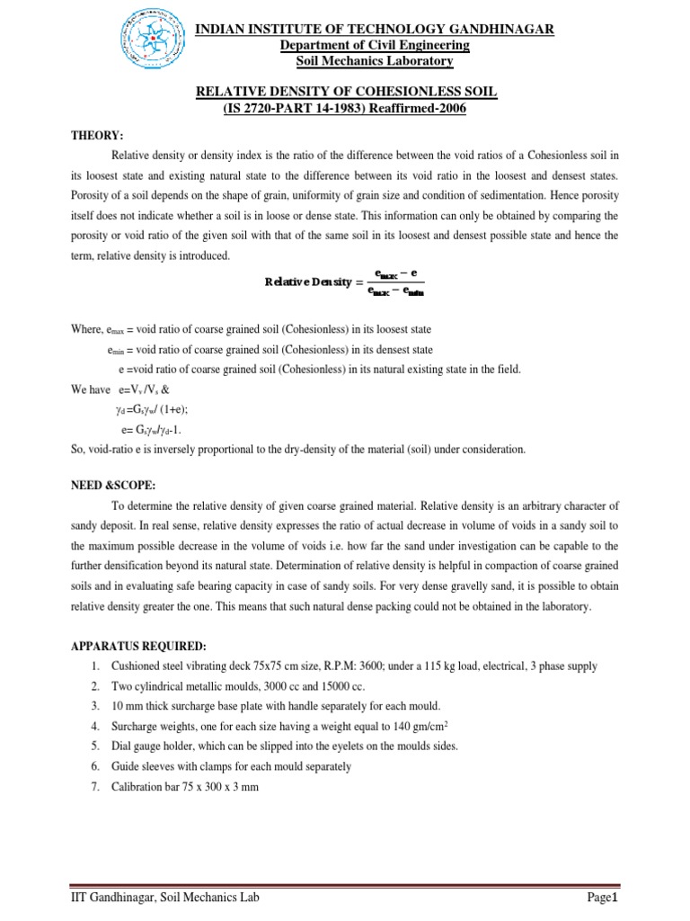 Relative Density Test Lab Manual | PDF | Density | Porosity