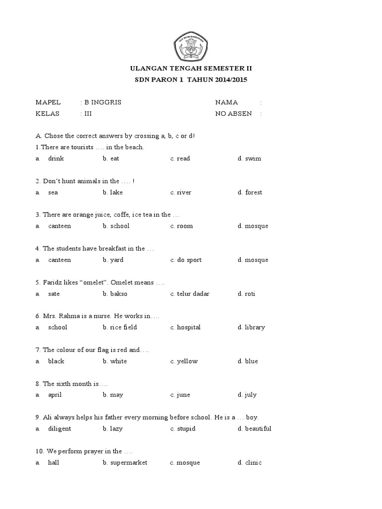 Uts Kelas 3 B Ingg Semester 2 | PDF | Foreign Language Studies