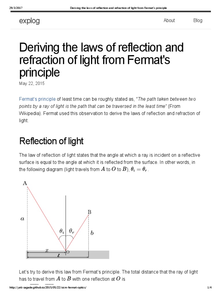 Deriving The Laws of Reflection and Refraction of Light From Fermat's Principle | PDF ...