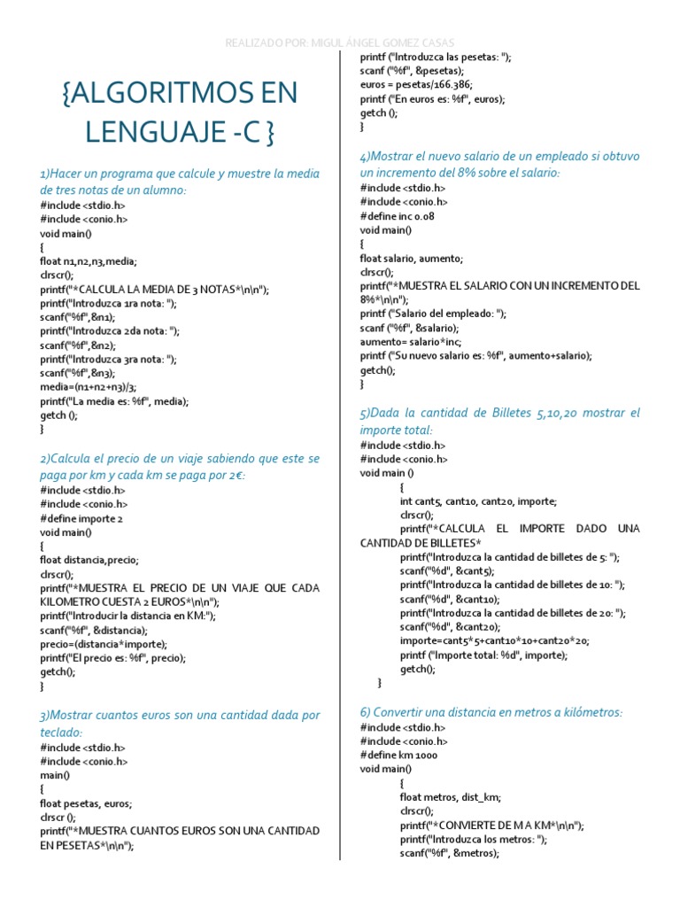 Algoritmos en Lenguaje C | PDF | Números | Enseñanza de matemática