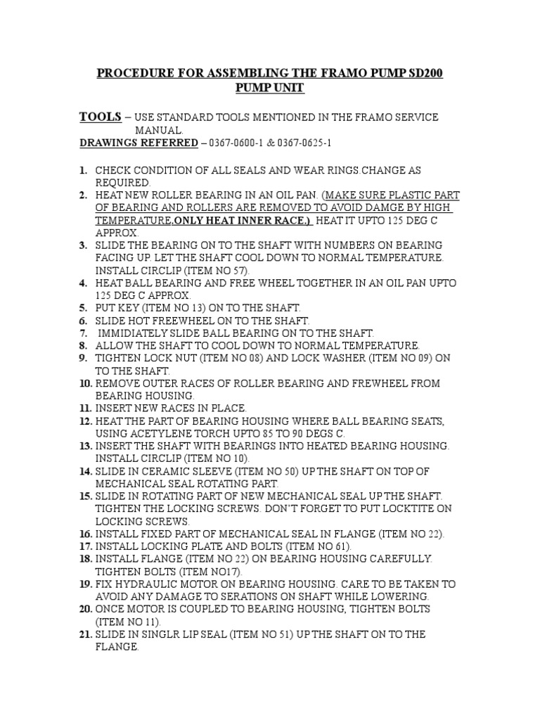 Framo Pump SD200 Assembly Procedure | PDF | Bearing (Mechanical) | Screw