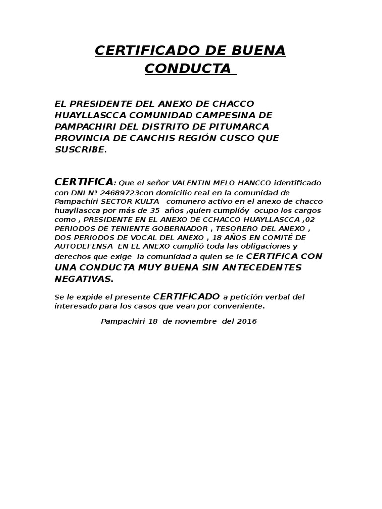 Certificado de Buena Conducta | PDF