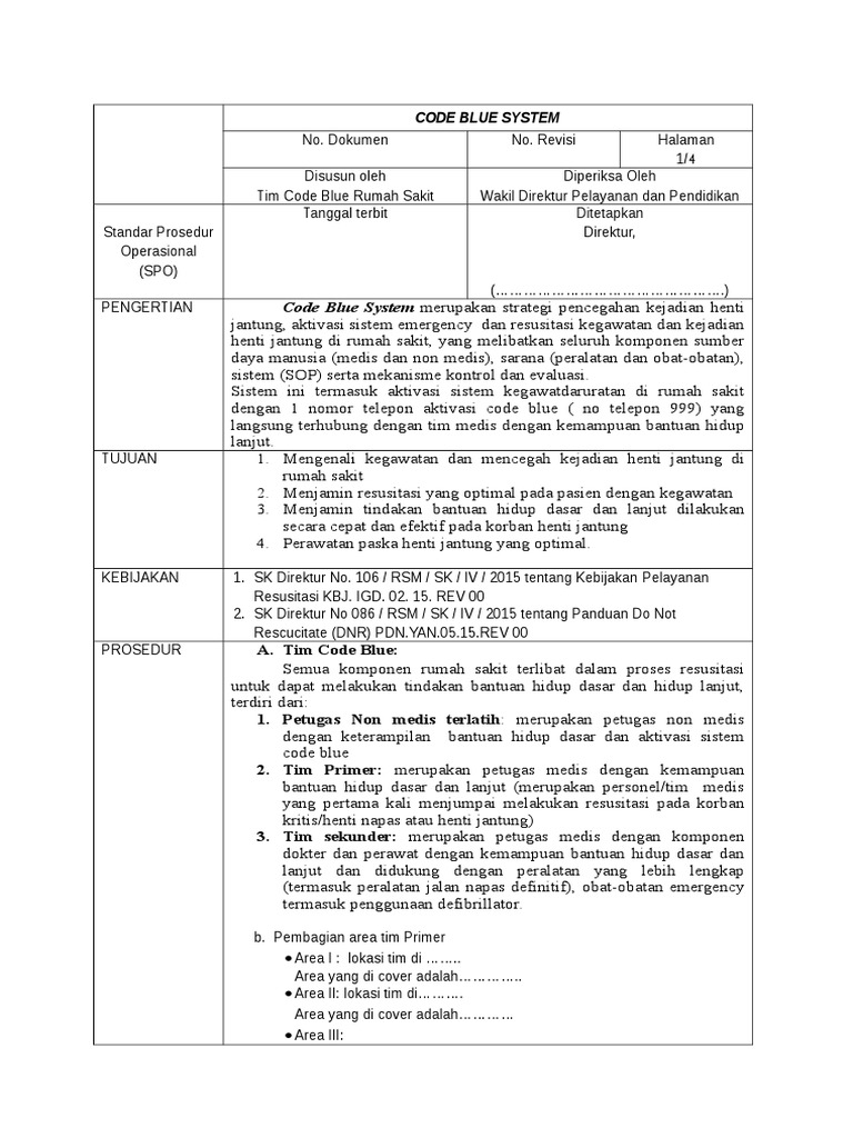 [JUDUL]: Standar Prosedur Operasional Sistem Code Blue Rumah Sakit | PDF