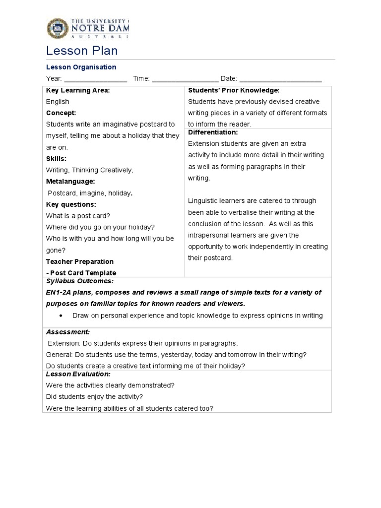Postcard Writing Lesson Plan | PDF | Lesson Plan | Applied Psychology
