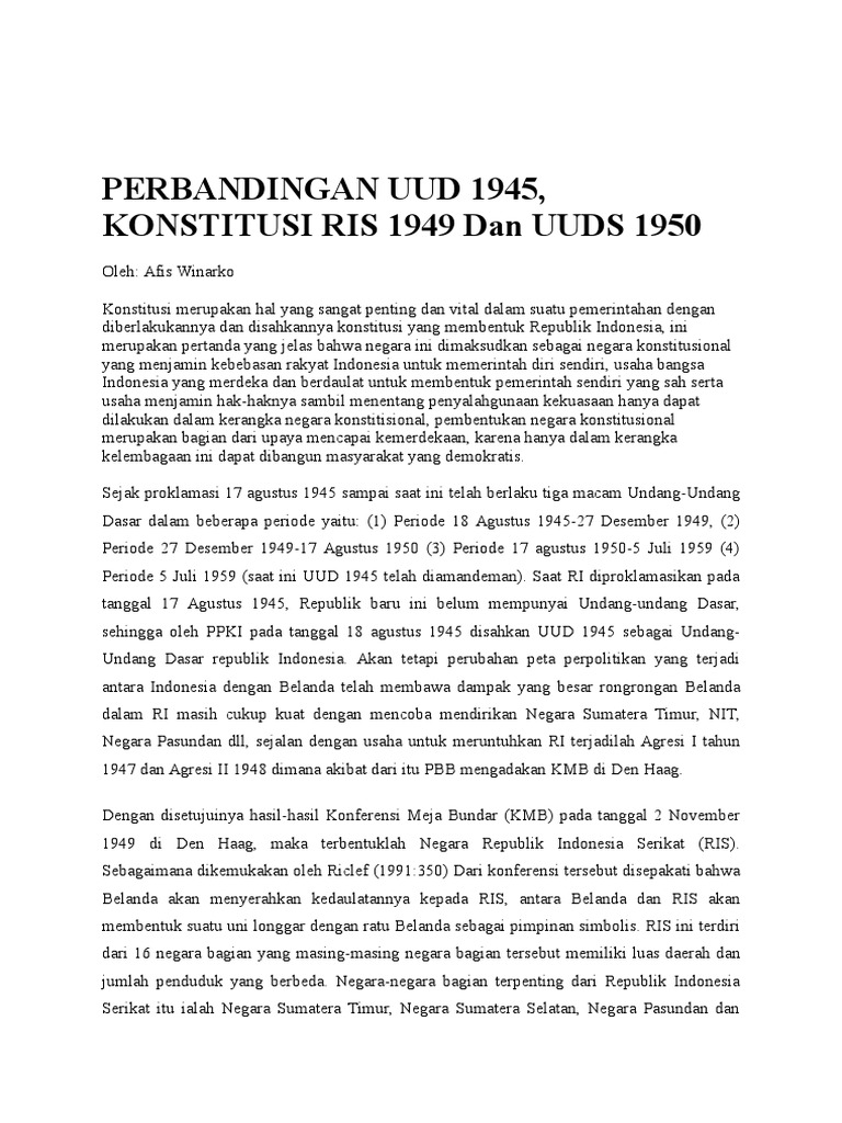Perbandingan Uud 1945, Konstitusi Ris 1949 Dan Uuds 195 | PDF