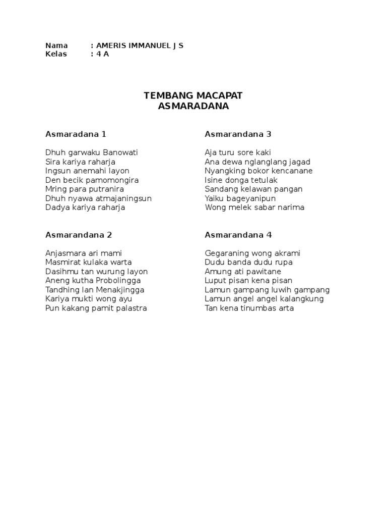 Nama AMERIS IMMANUEL J S Kelas 4A TEMBANG MACAPAT ASMARADANA | PDF