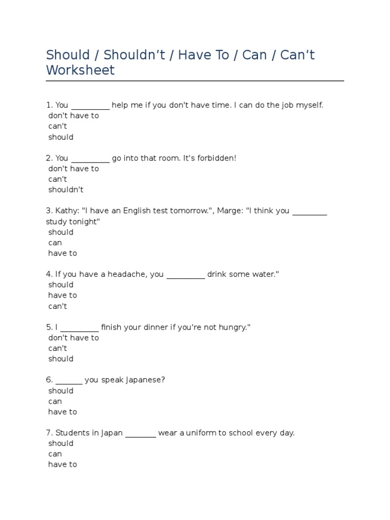 ESL Worksheet - Modals Can Can't Should Shouldn't Have To | PDF