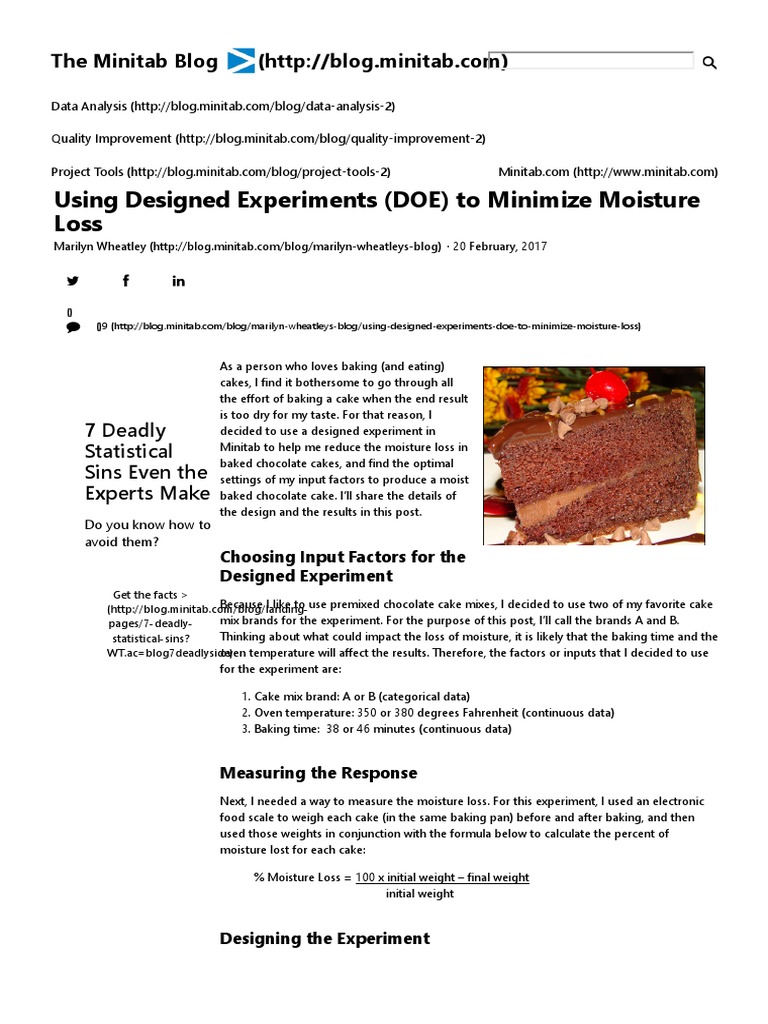 Using Designed Experiments Doe To Minimize Moisture Loss Minitab Pdf Analysis Of