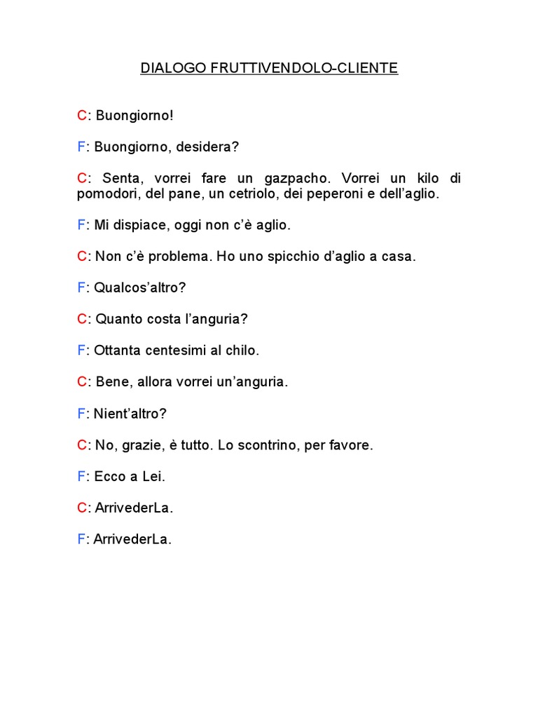Dialogo Fruttivendolo Cliente | PDF