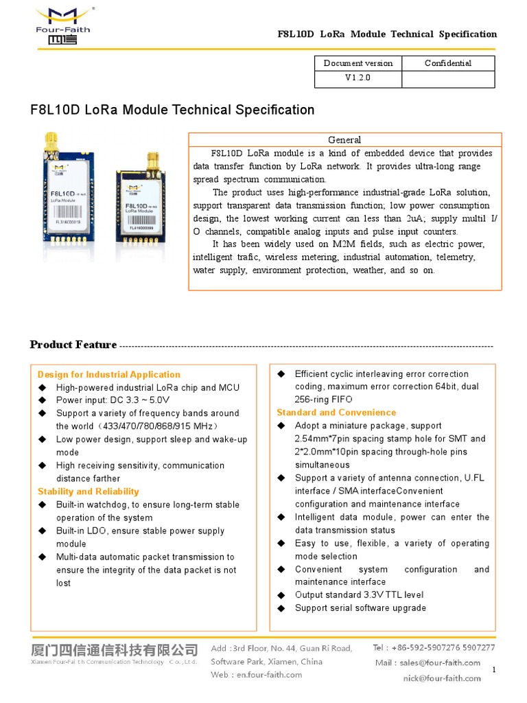 F8L10D LoRa Module Technical Specification V1.2.0 | PDF | Power Supply ...