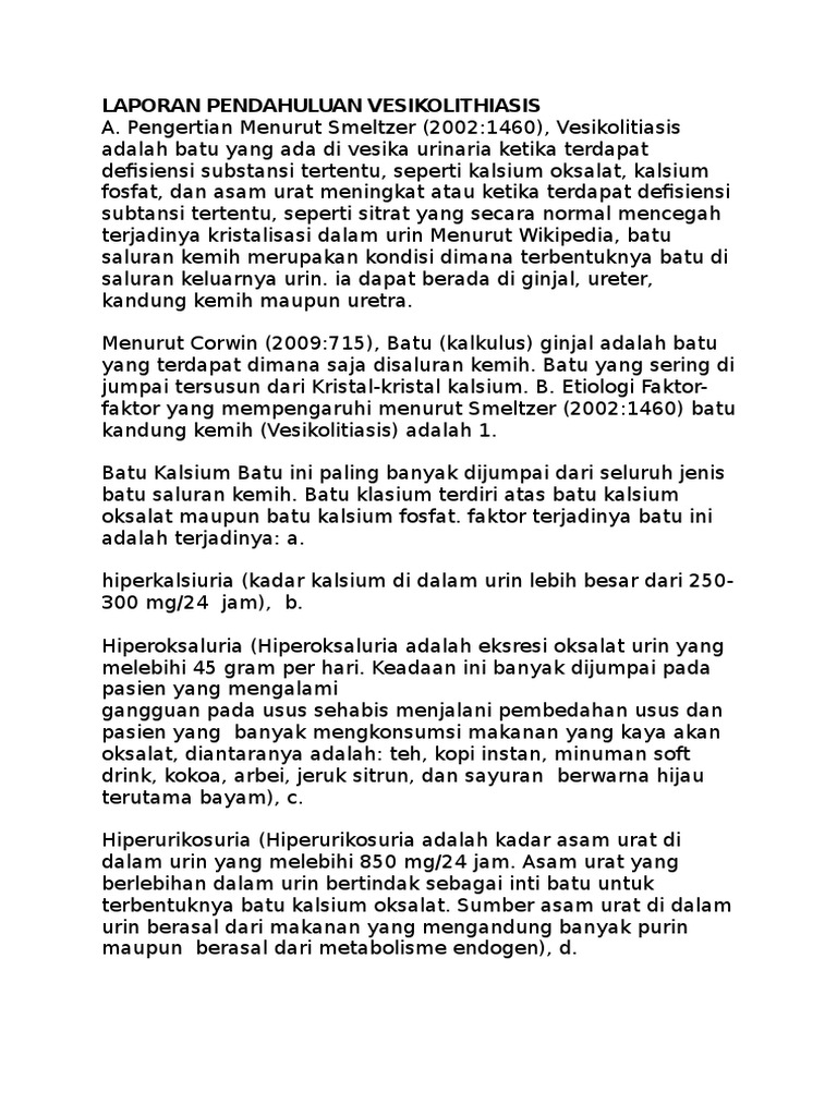 Laporan Pendahuluan Vesikolithiasis | PDF