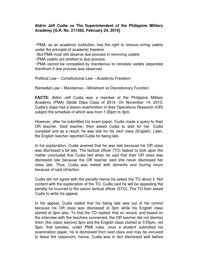Aldrin Jeff Cudia Vs The Superintendent of The Philippine Military ...
