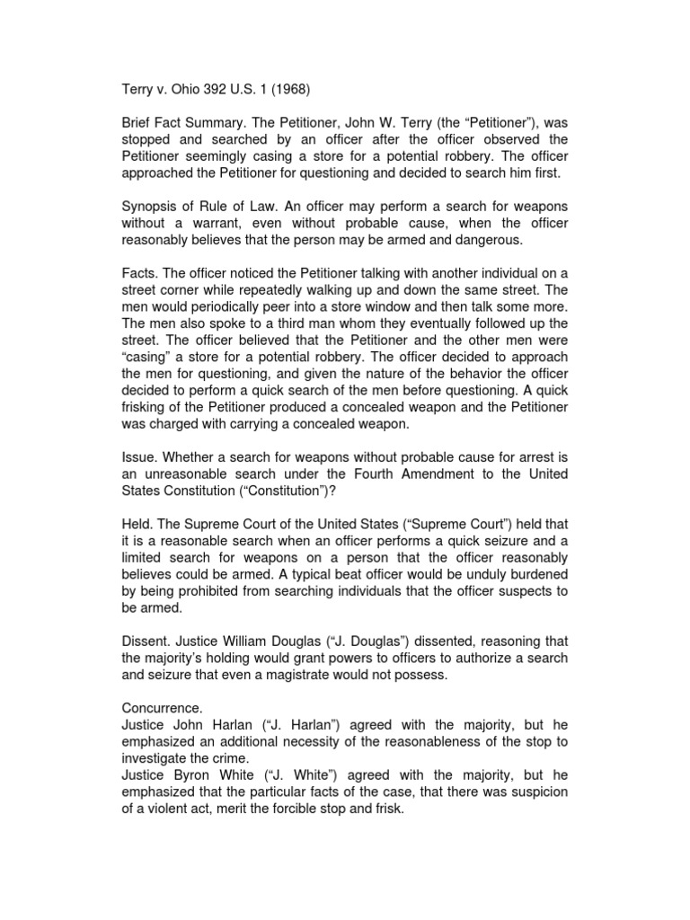 Terry v. Ohio 392 U.S. 1 (1968) | PDF | Terry V. Ohio | Search And Seizure