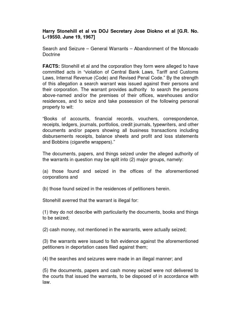 Harry Stonehill Et Al Vs DOJ Secretary Jose Diokno Et Al (G.R. No. L ...