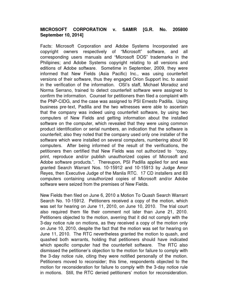 Microsoft v. New Fields: Counterfeit Software Case | PDF | Question Of ...