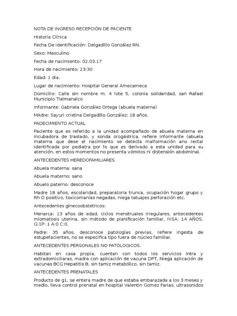 Nota de Ingreso Recepción de Paciente | PDF | Especialidades Medicas ...