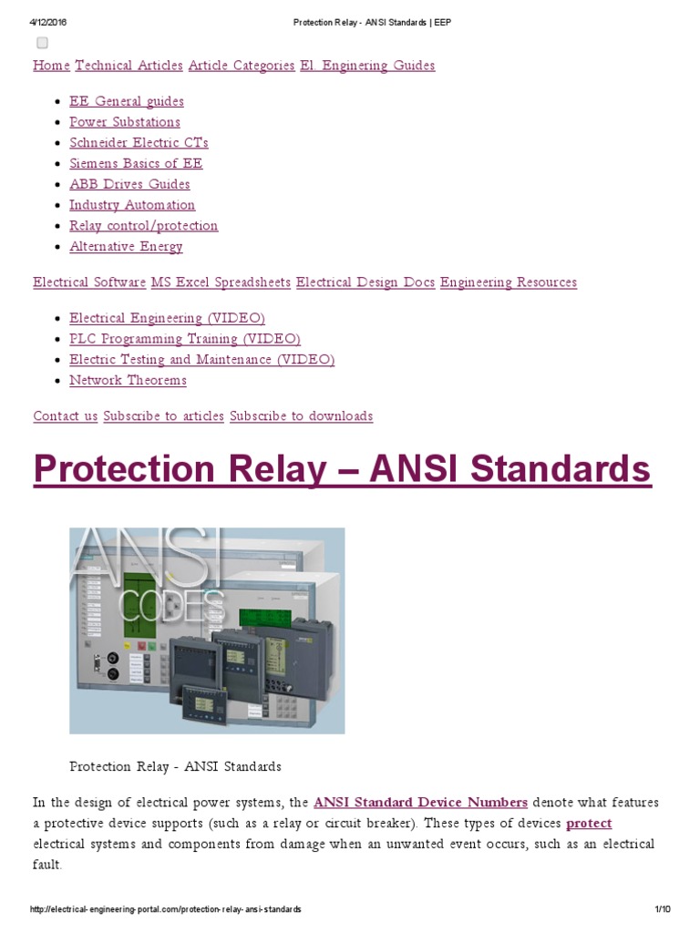 Protection Relay - ANSI Standards - EEP | PDF | Relay | Transformer