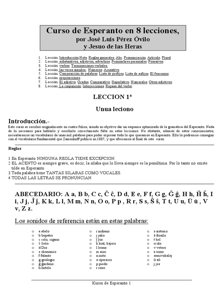 Curso Básico de Esperanto en 8 Lecciones | PDF | Unidades Semánticas ...