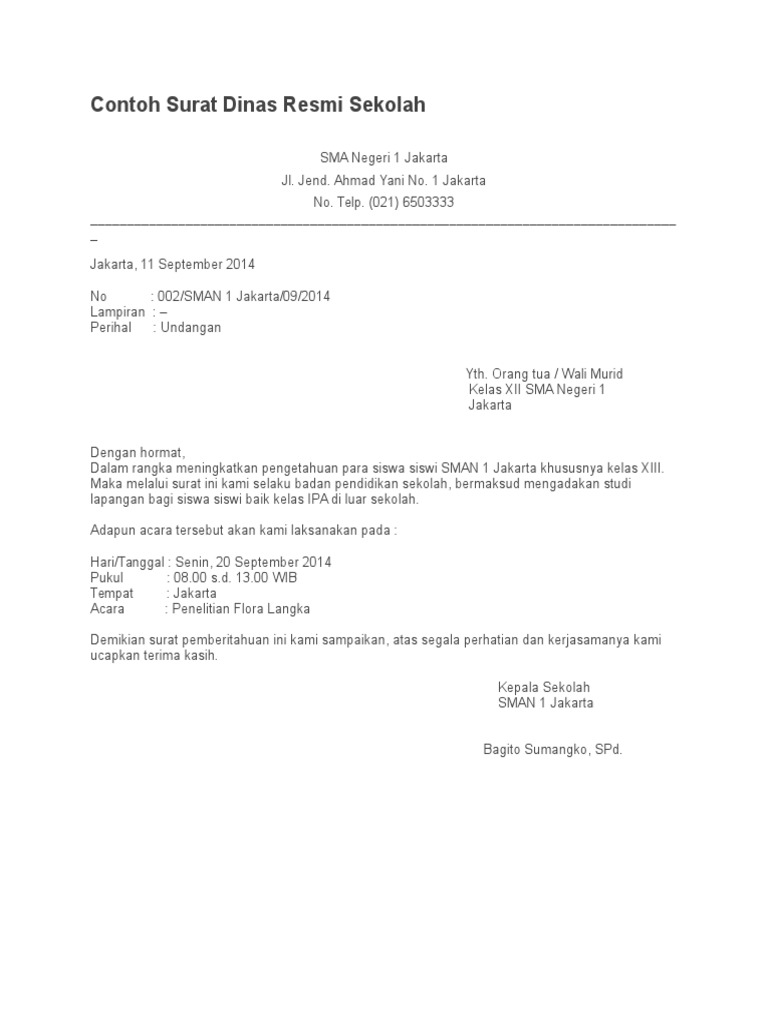 Contoh Surat Dinas Resmi Sekolah | PDF