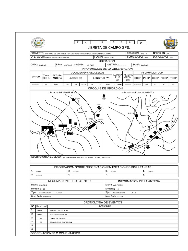 GPS Field Notes Documenting Survey Control Point PC-16 in La Paz ...