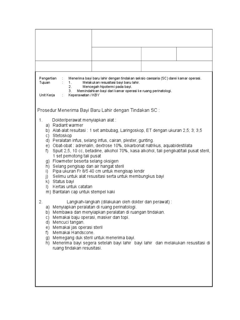Sop-Kby - Menerima Bayi Baru Lahir DG Tindakan SC | PDF
