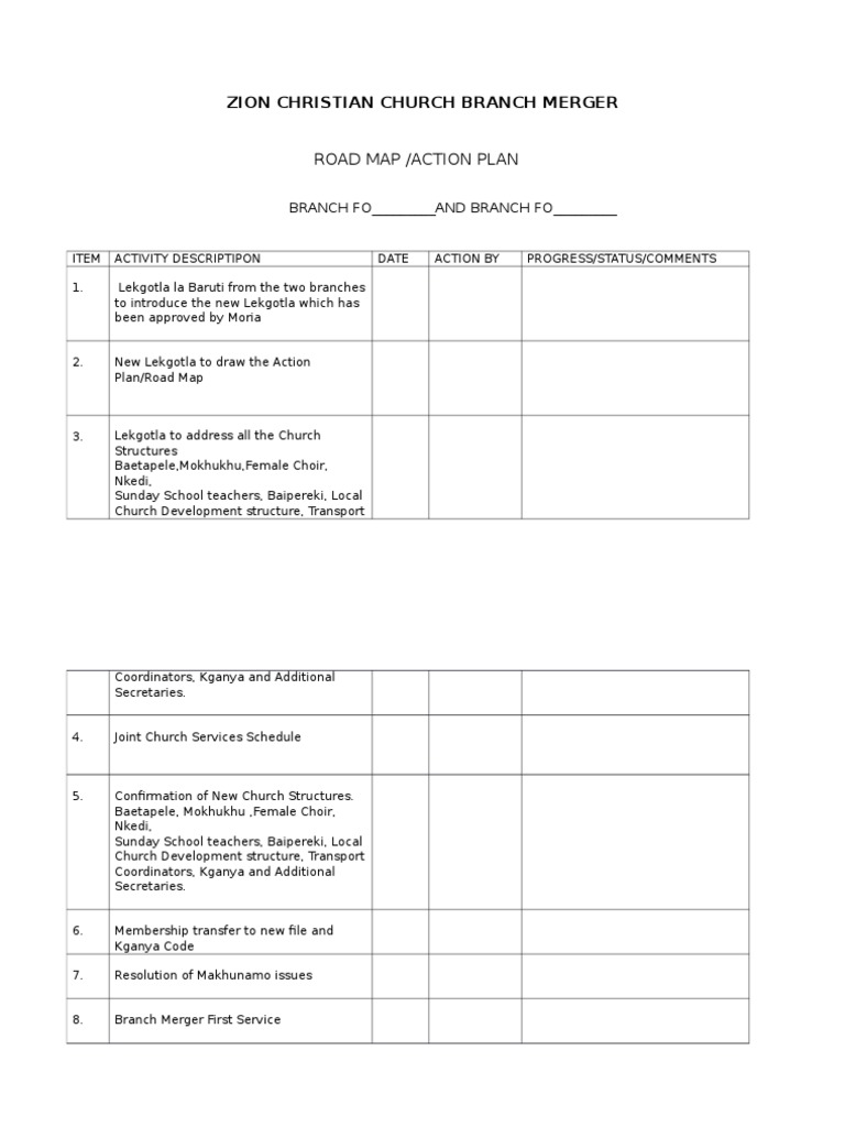 Zion Christian Church Branch Merger: Road Map /action Plan | PDF