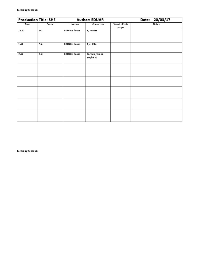 Recording Schedule for "SHE" Production | PDF | Art