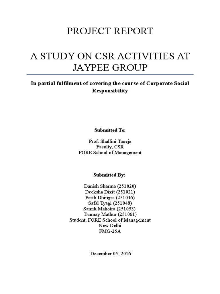 Project Report A Study On CSR Activities at Jaypee Group | PDF ...