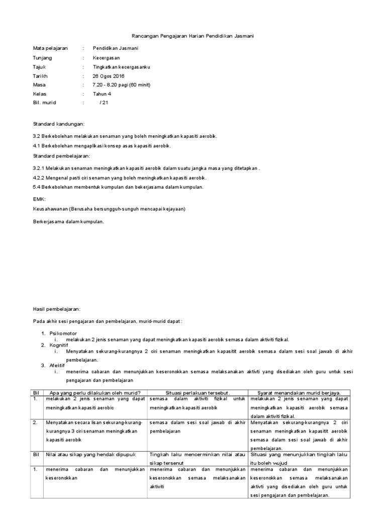 Contoh RPH PJ Modul Kecergasan | PDF