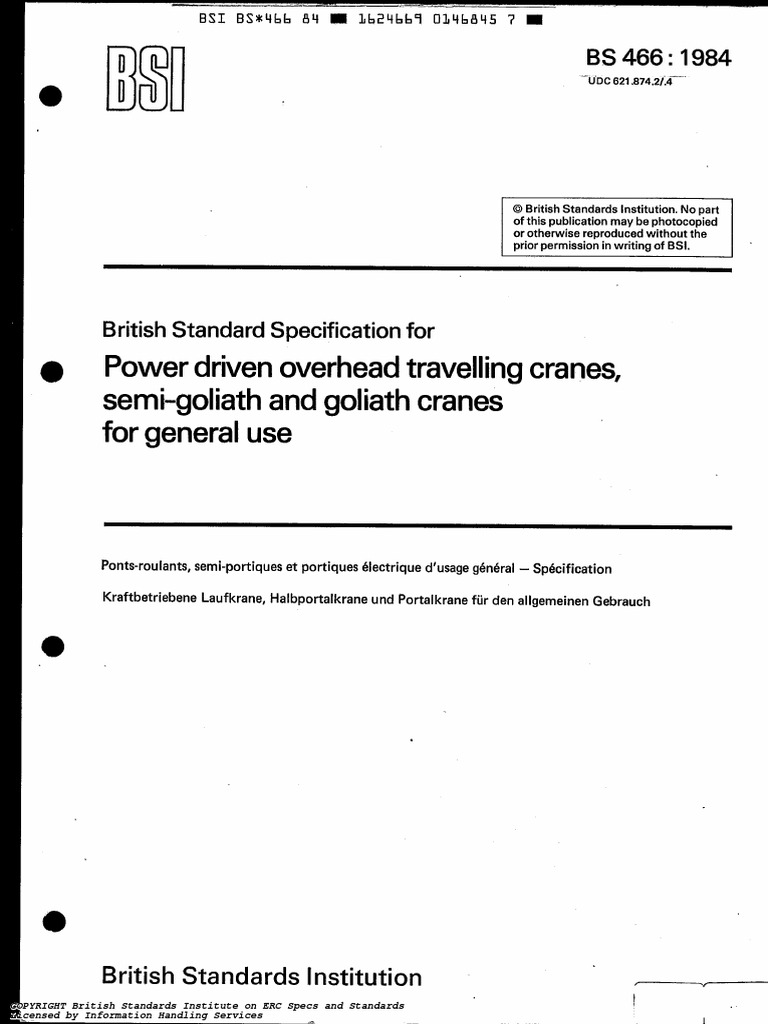 BS 466 - Overhead Cranes (EOT) | PDF | Crane (Machine) | Track (Rail ...