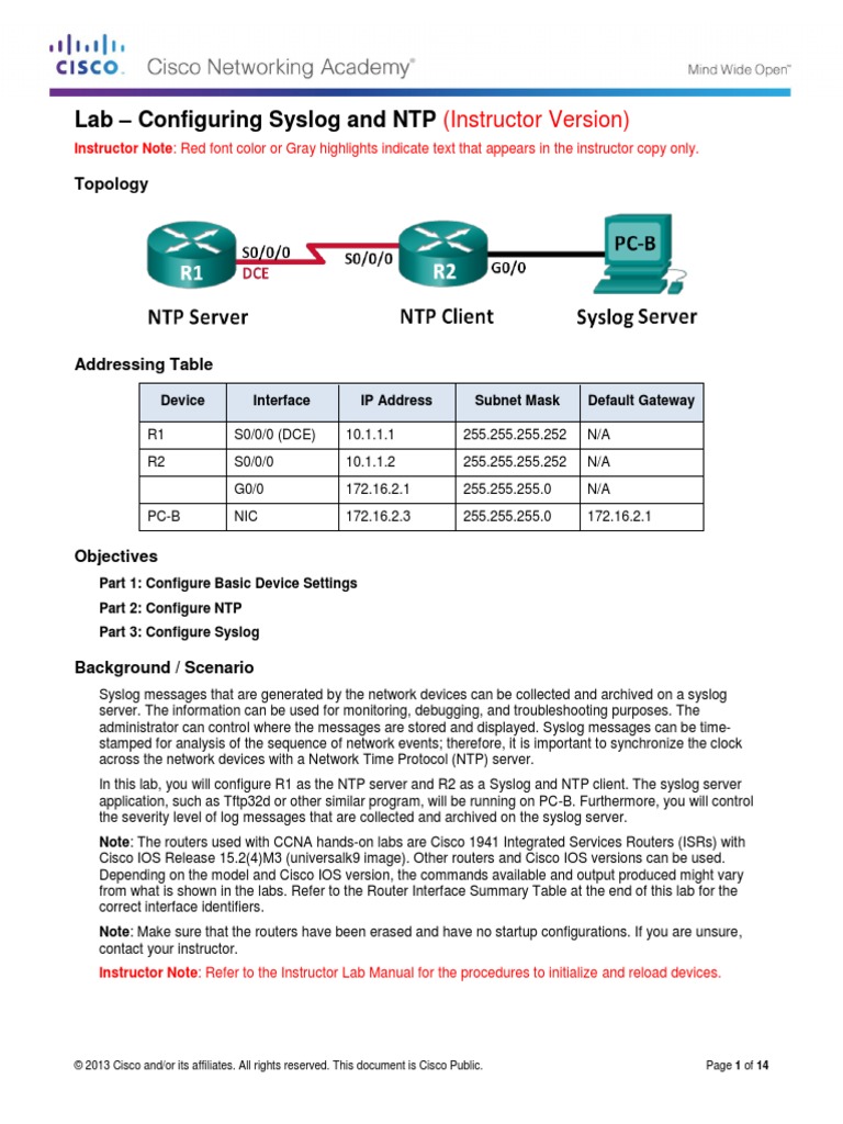 8.1.2.6 Lab - Configuring Syslog and NTP - ILM PDF | PDF | Computer Network | Router (Computing)