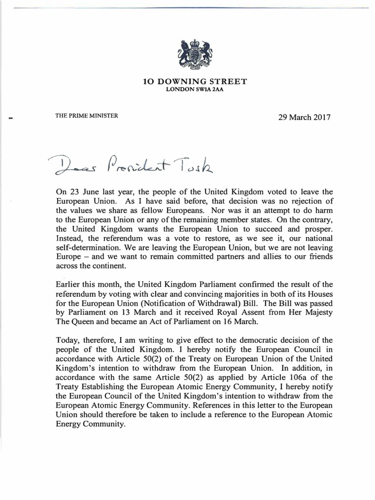 PM Letter to EU Council President | Member State Of The European Union ...