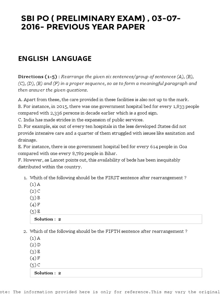Sbi Po 2016 Prelims Paper-1 | PDF