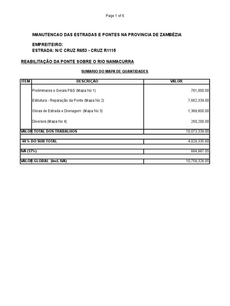 Namacurra Mapa de Quantidades | Download grátis PDF | Ponte ...
