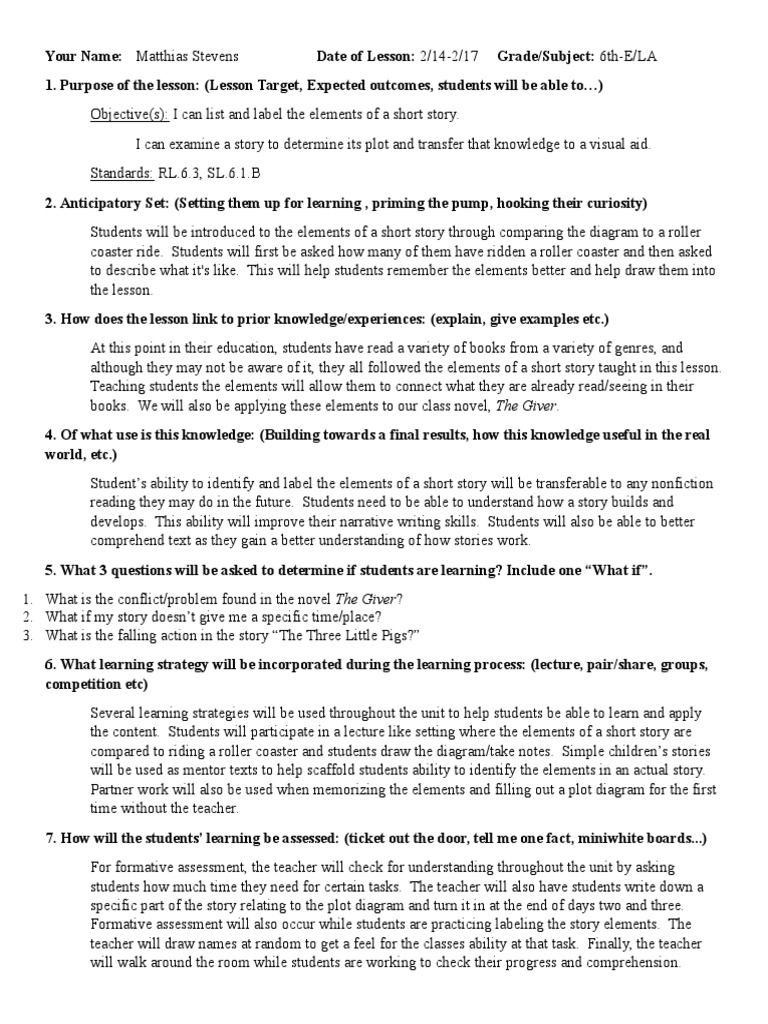 Short Story Elements Lesson Plan | PDF | Education Theory | Learning