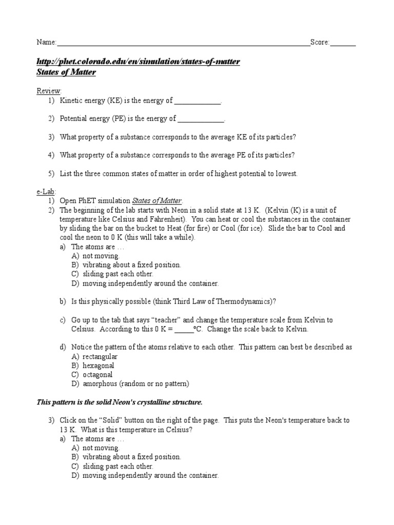 PhET States of Matter Lab Guide | PDF | Temperature | Matter