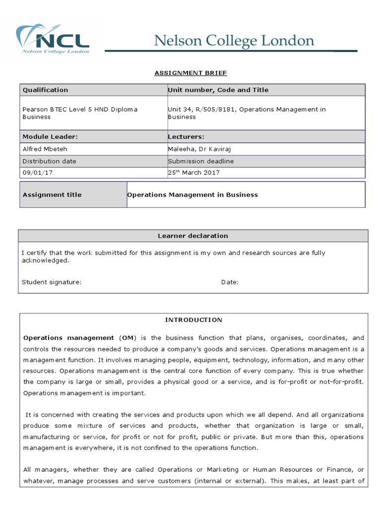 Operations Management Assignment Overview | PDF | Plagiarism | Business